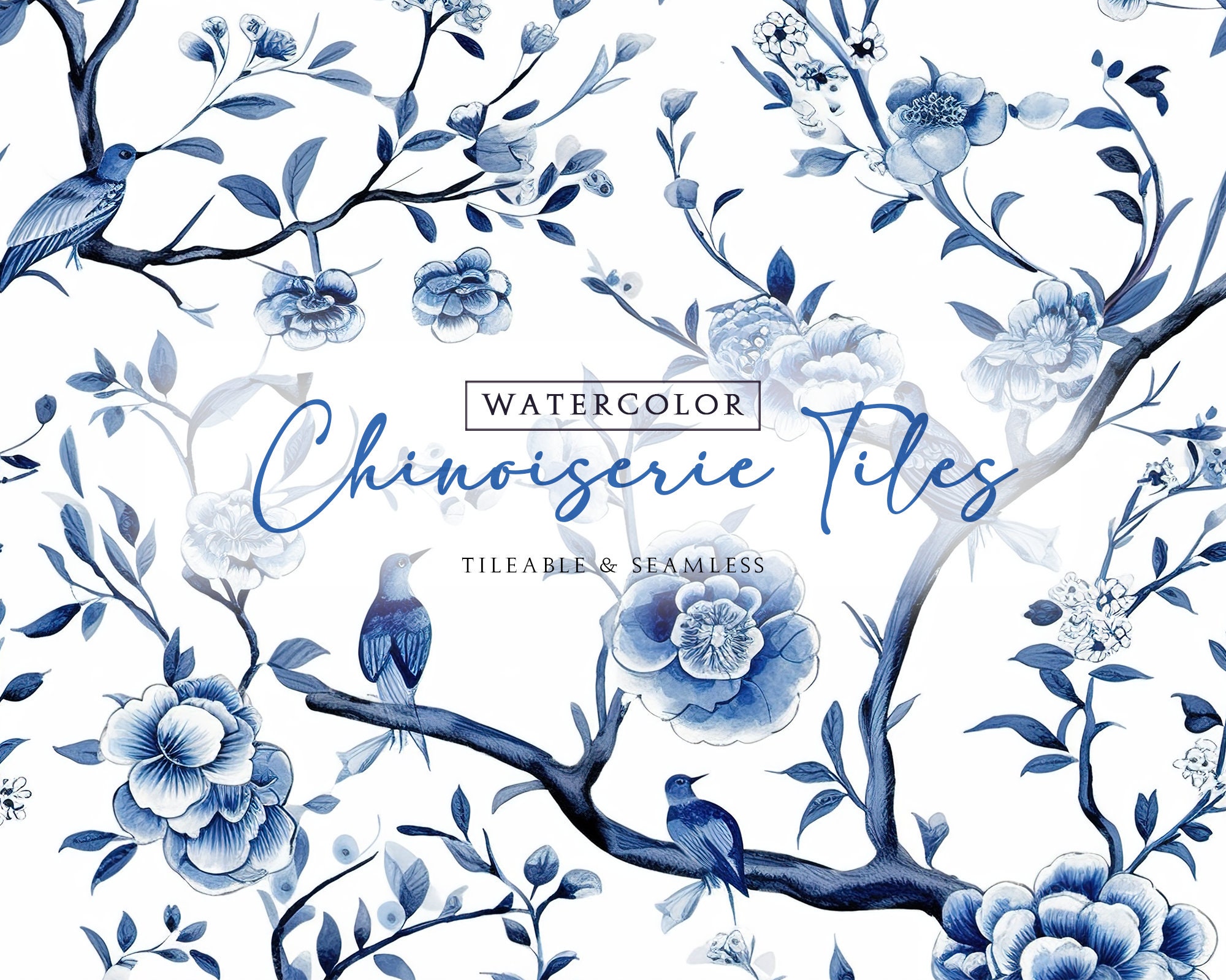 Watercolor Chinoiserie, Blue and White Oriental, Seamless Backgrounds ...