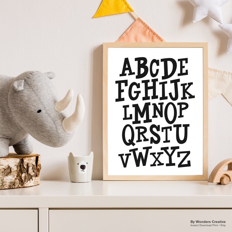 Black & White Alphabet Poster Cute Printable Art Kids Illustration for ...