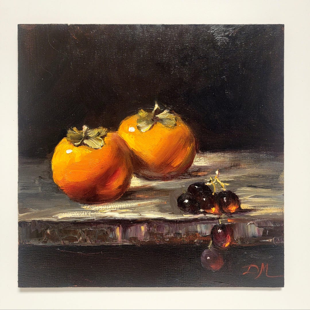 Persimmons Grapes Original Oil Painting Kitchen Art Handpainted Fruit ...