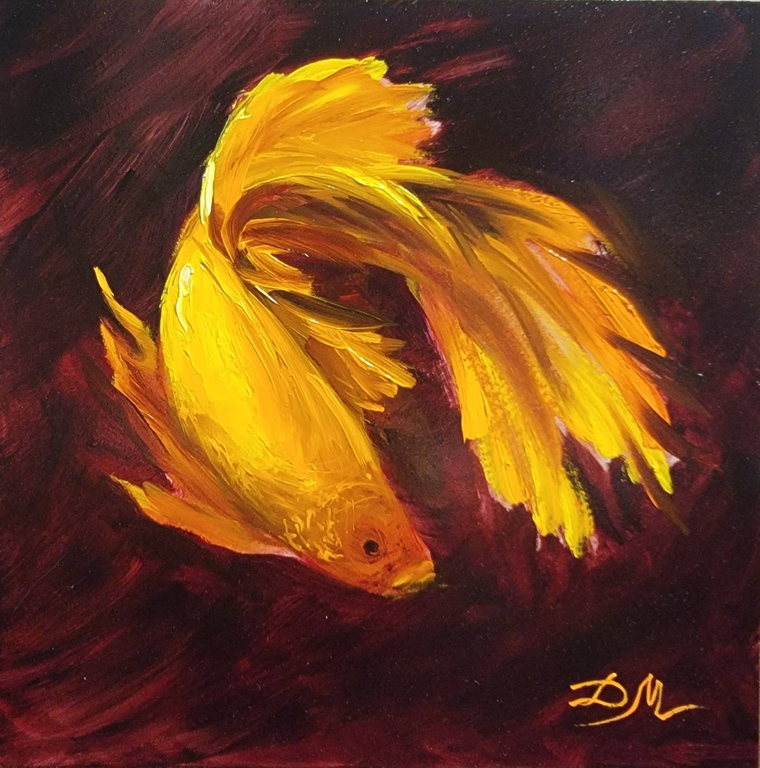 Yellow Betta Fish Original Oil Painting, Fish Art, Aquarium Fish Wall ...