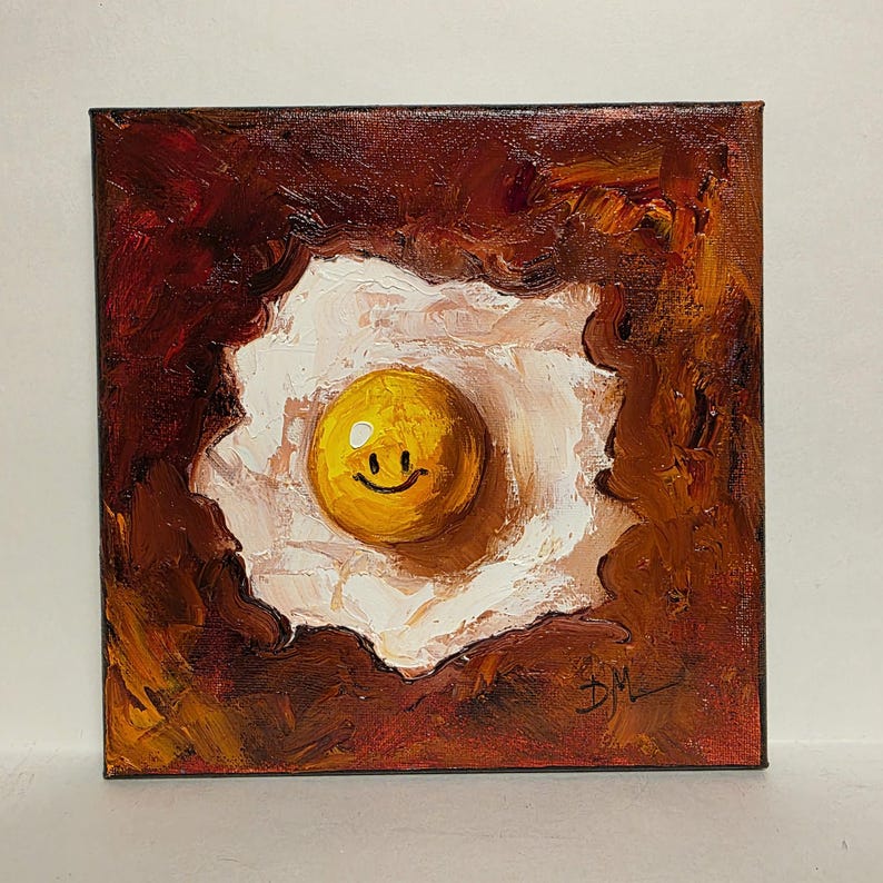 Fried Egg Smiling Face Original Oil Painting Food Kitchen Art Impasto ...