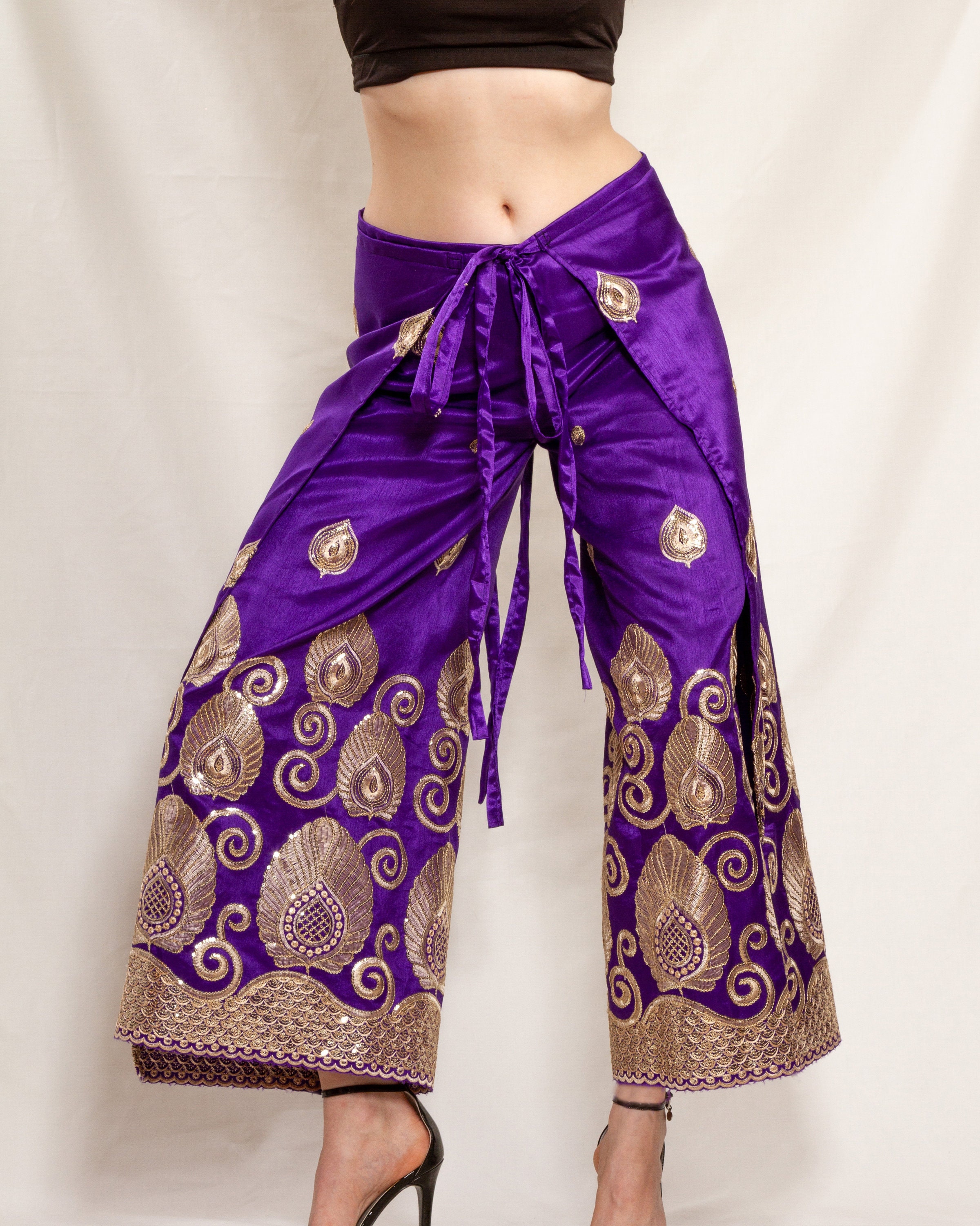Purple Embroidered Wrap Around Flares. Goa, Satin Flare. Hippy, Hippie ...