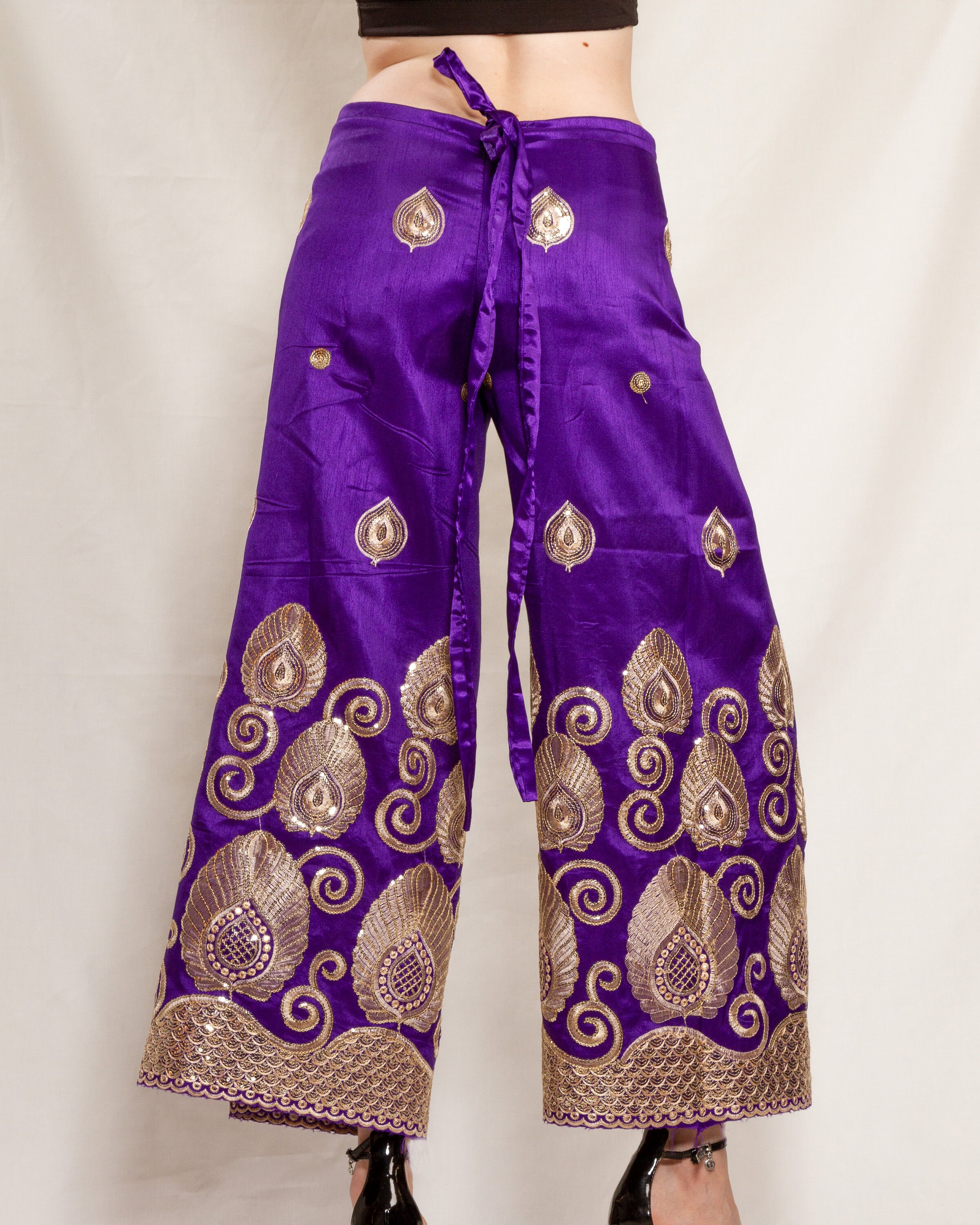 Purple Embroidered Wrap Around Flares. Goa, Satin Flare. Hippy, Hippie ...