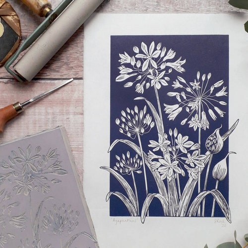 Agapanthus Flowers Linoprint. Hand-pulled Botanical Print on | Etsy