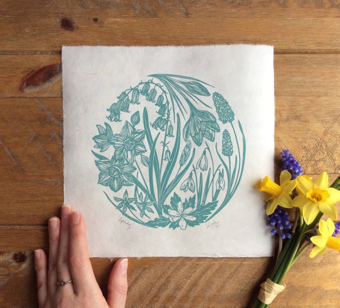Spring Flowers Linoprint. Hand-pulled Botanical Print in A - Etsy UK