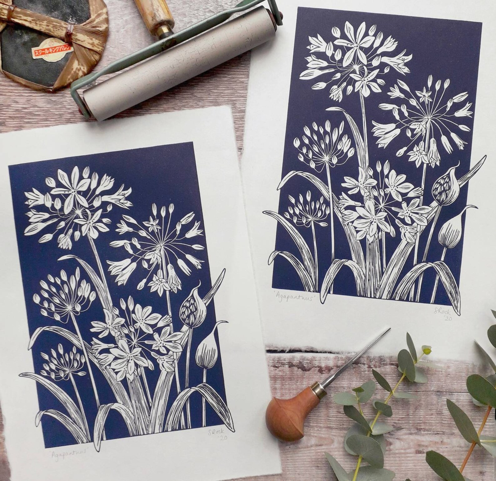 Agapanthus Flowers Linoprint. Hand-pulled Botanical Print on - Etsy