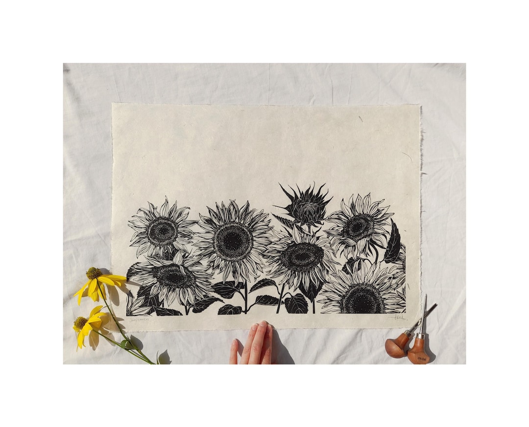 Sunflowers Lino Print. Hand-pulled Botanical Print in Black on Natural ...