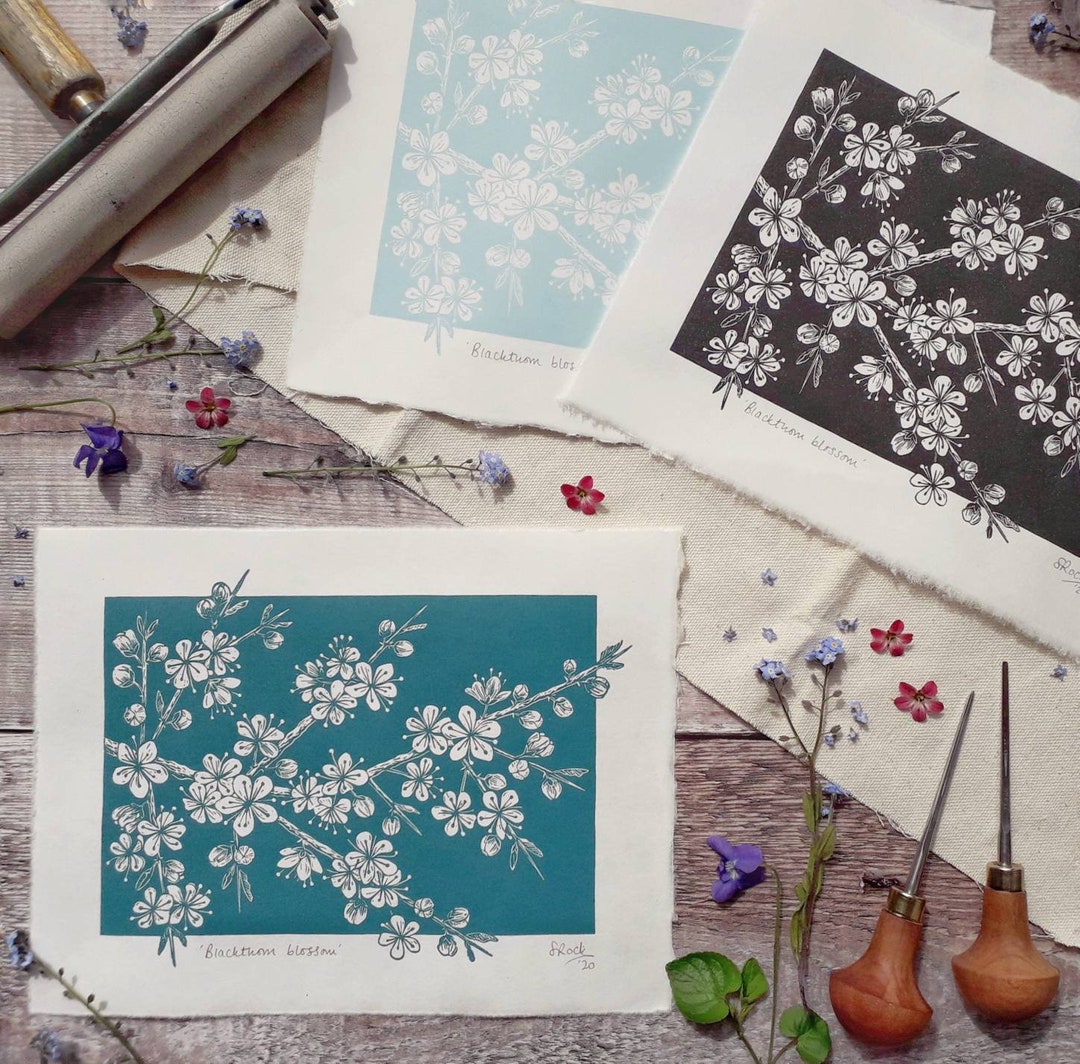 Blackthorn Blossom Linoprint, Hand-pulled Botanical Art on Hosho Paper ...