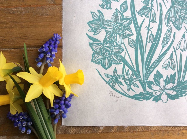 Spring Flowers Linoprint. Hand-pulled Botanical Print in A - Etsy UK