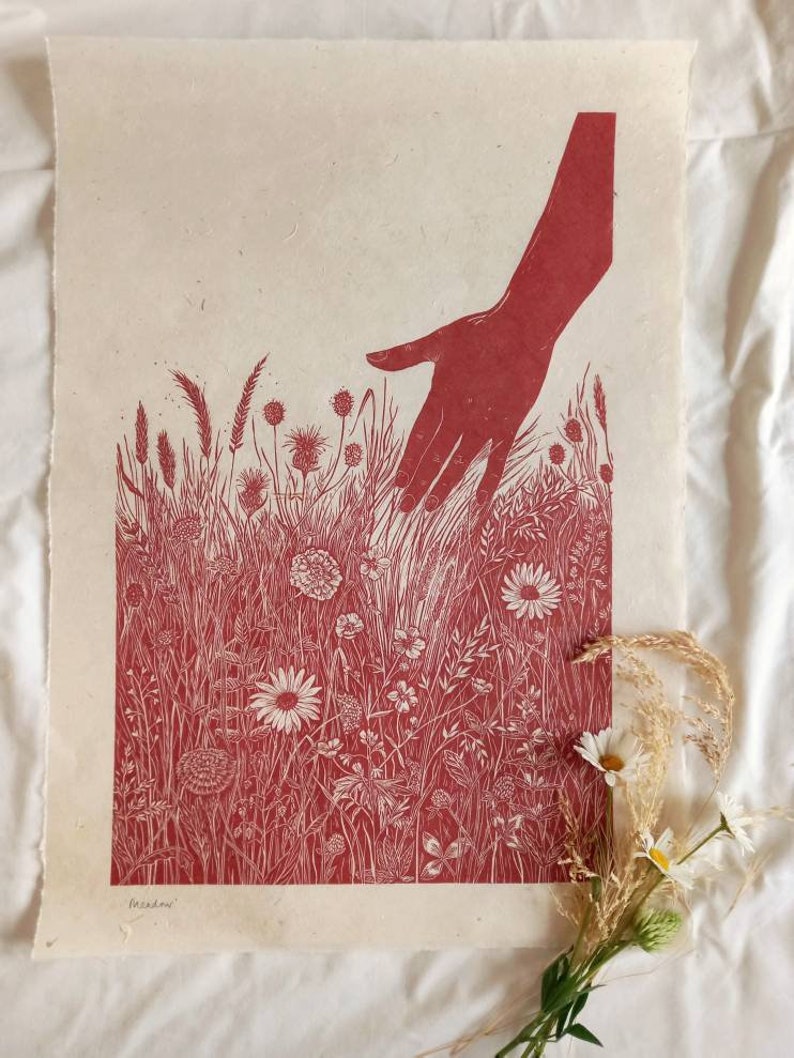 A2 'meadow': Hand-pulled Lino Print. Botanical Wall Art on Lokta Paper ...