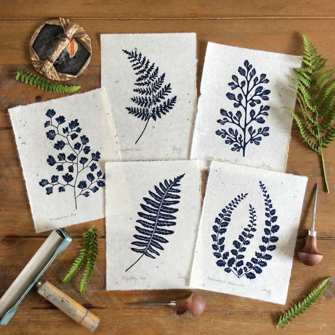 Fern Linoprints. Hand-pulled Original Botanical Print in Blue. 30gsm ...