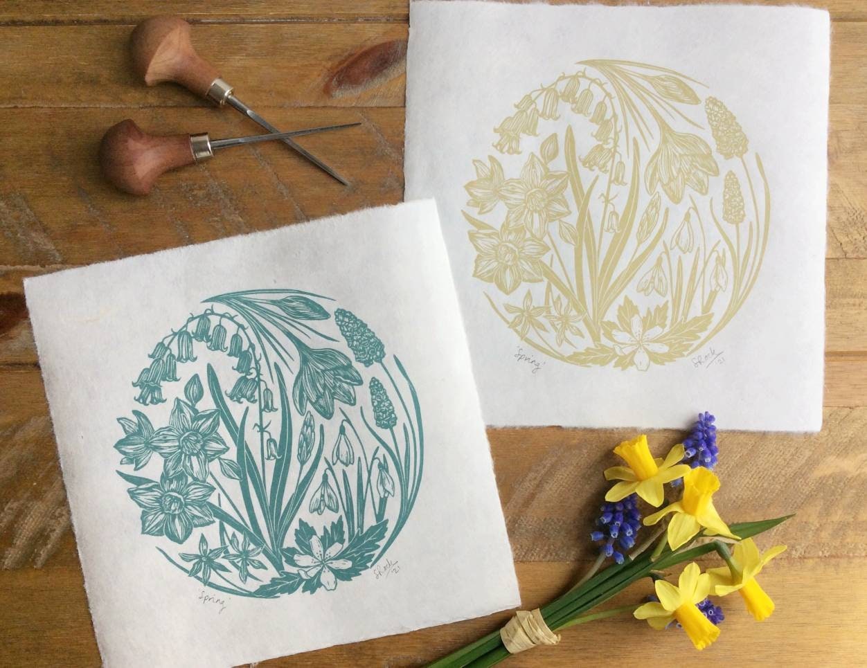 Spring Flowers Linoprint. Hand-pulled Botanical Print in A - Etsy UK