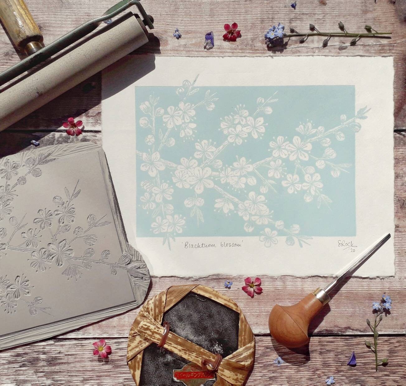 Blackthorn Blossom Linoprint, Hand-pulled Botanical Art on Hosho Paper ...
