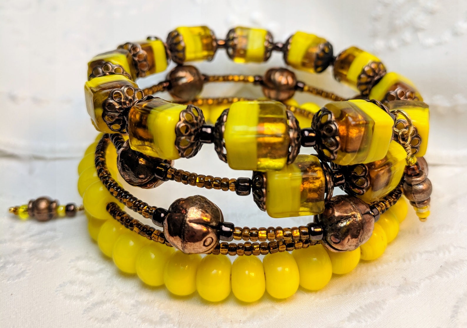 Copper and Yellow Glass Vintage Style Memory Wire Bracelet - Etsy