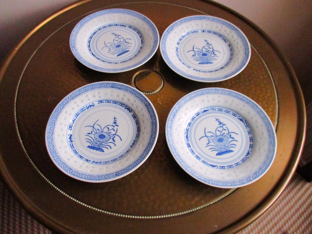 Porcelainset of 4 Plates, Rice Grain Pattern, White Blue ,lotus Pattern ...