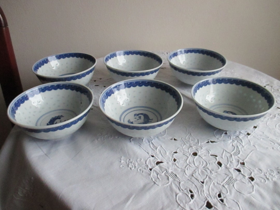 Vintage Asian Porcelain, Set of 6 Bowls, Rice Grain Pattern and Rooster ...