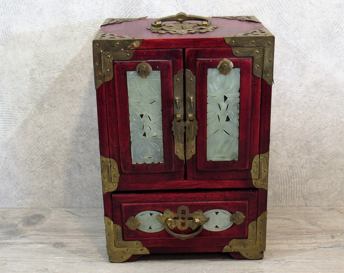 VTG Chinese Bridal Jewelry Box With 8 Carved Jade Panels Lock - Etsy