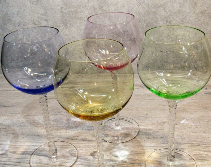 Set of 4 BALLOON WINE GLASSES Goblets, Swirled Stems, Pastel Blown ...