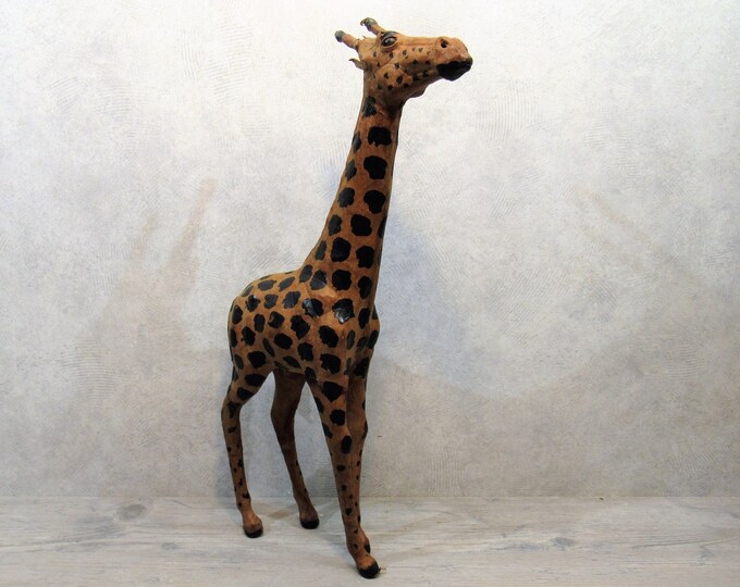 VTG GIRAFFE FIGURINE, Leather on Wood, 18 Tall, Handpainted, African ...