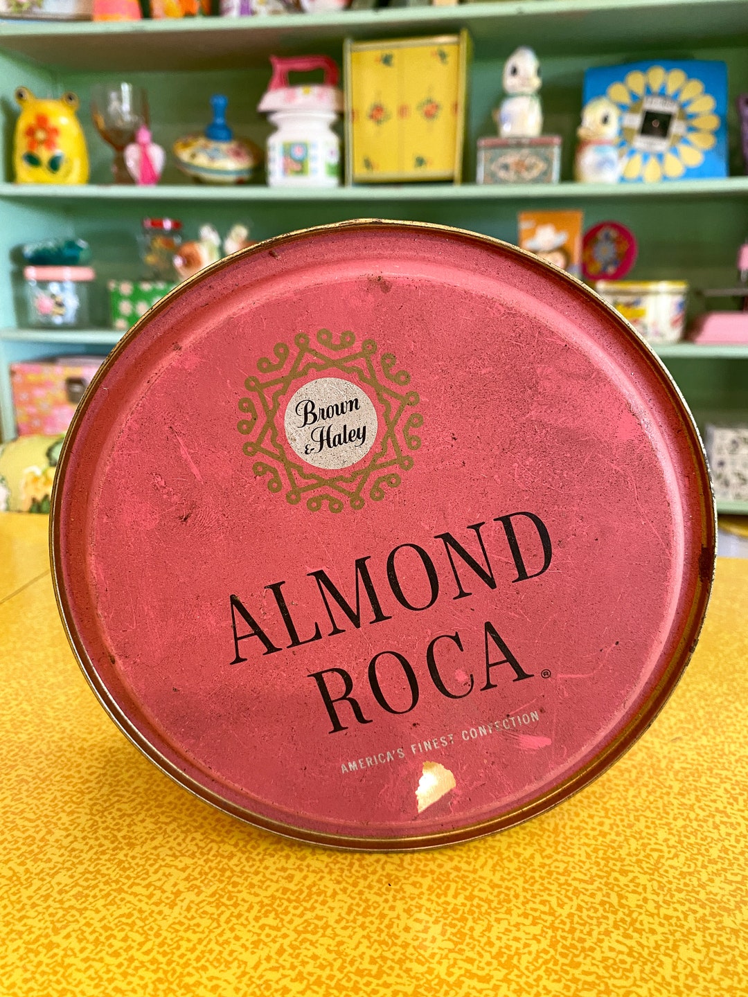 Vintage Almond Roca Tin Pink Round 1950s 50s Home Decor Candy ...