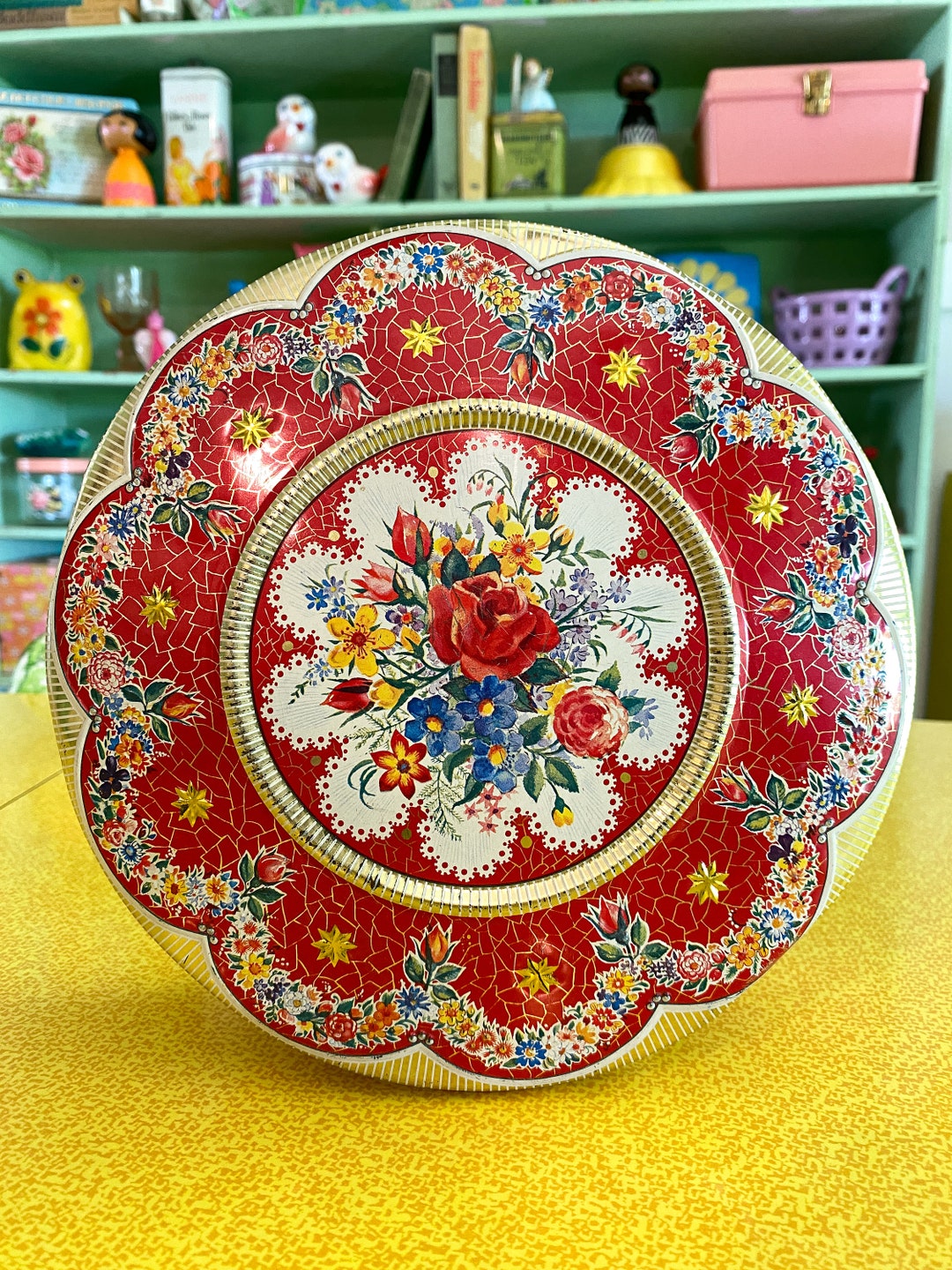 Vintage Rose Floral Daher Tin Red Flower Made in Holland Round Home ...