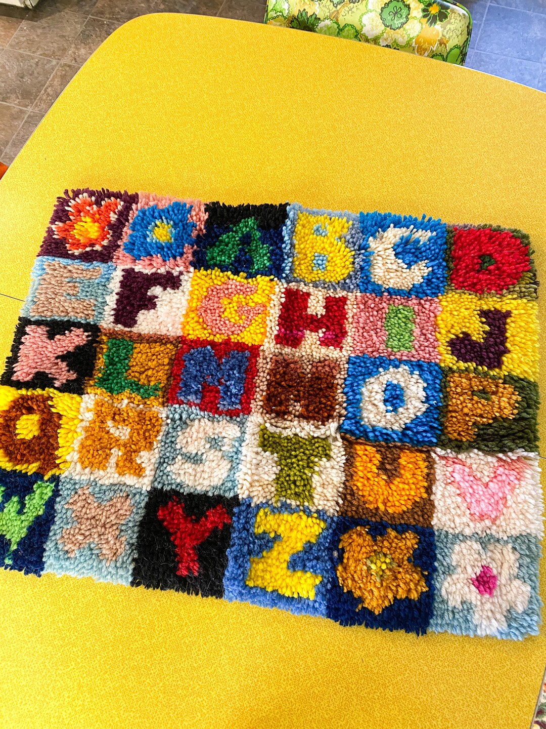 Vintage Latch Hook ABC Rainbow Yarn Rug Flower Power Daisy 1970s Baby ...