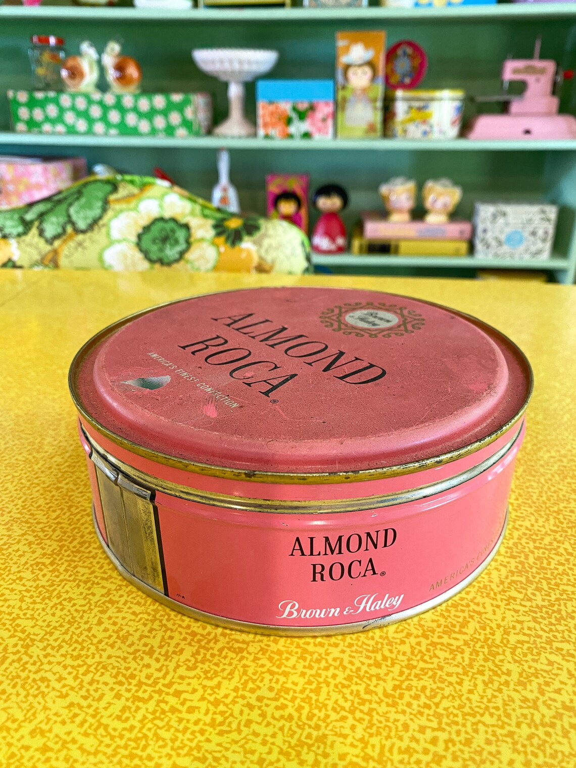 Vintage Almond Roca Tin Pink Round 1950s 50s Home Decor Candy ...
