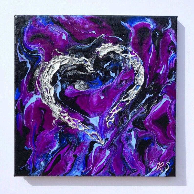 Purple Heart heart painting fluid art with textured silver | Etsy