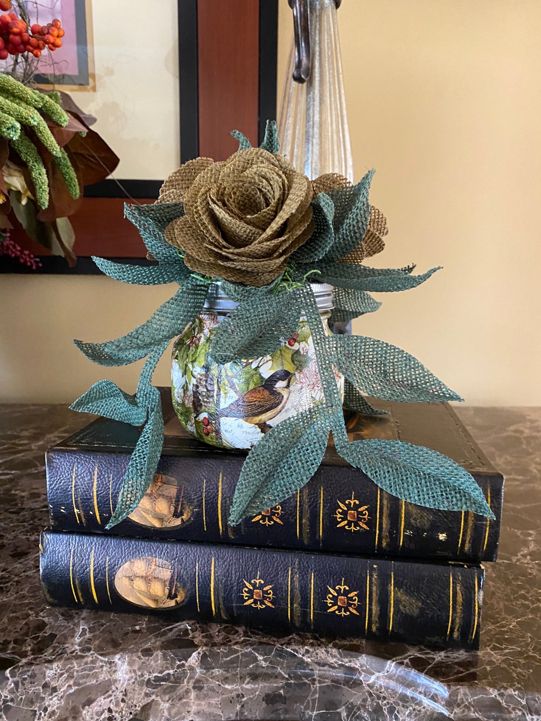 Mini Mason With Florals, Mason Jar Centerpiece, Small Vase Burlap ...