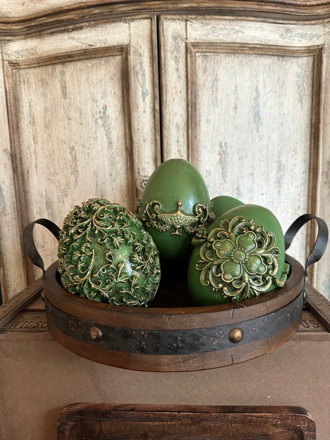 Rustic Easter Ornament, Green Easter Egg Centerpiece, Decorative Shabby ...
