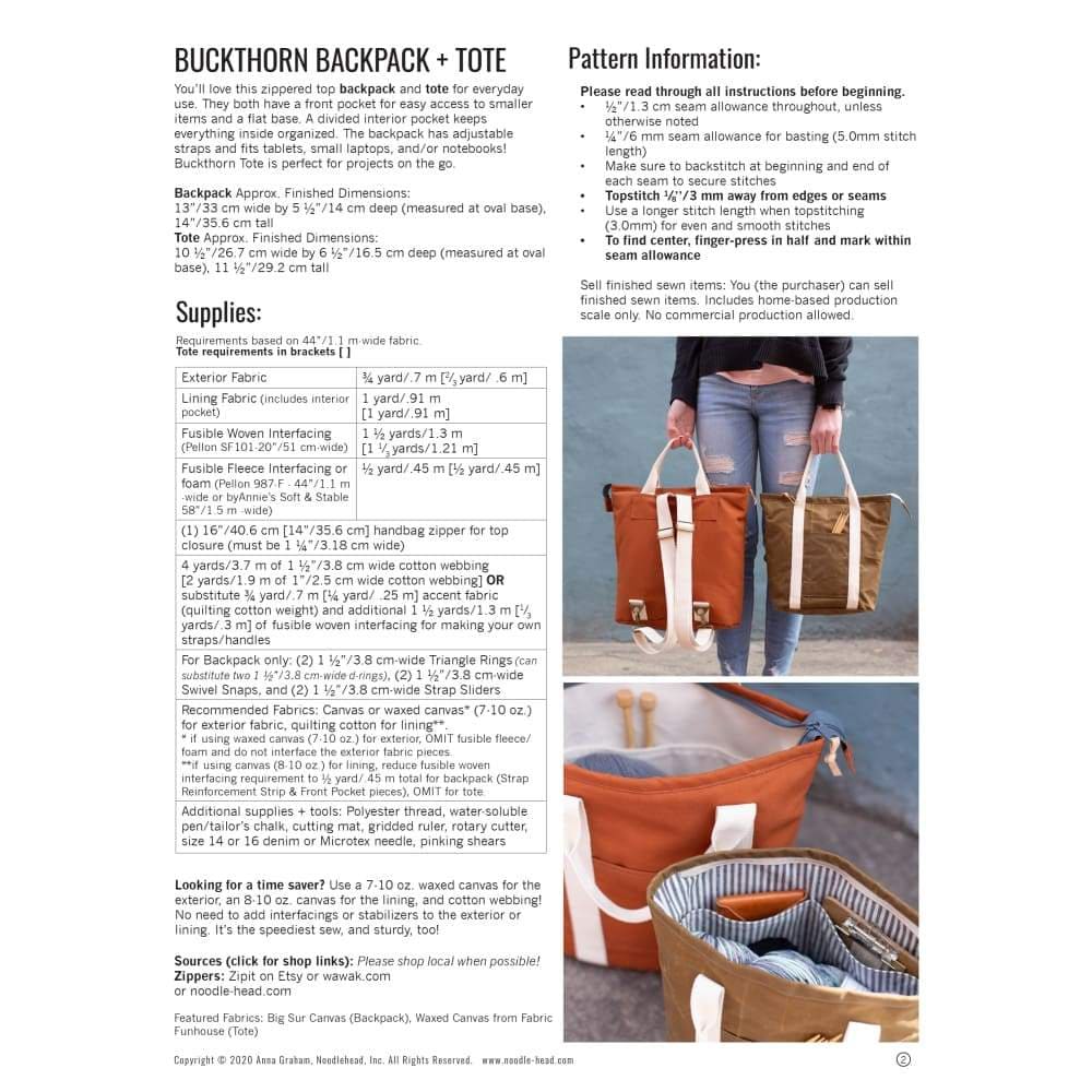 Buckthorn Backpack and Tote Sewing Pattern Noodlehead Bag - Etsy