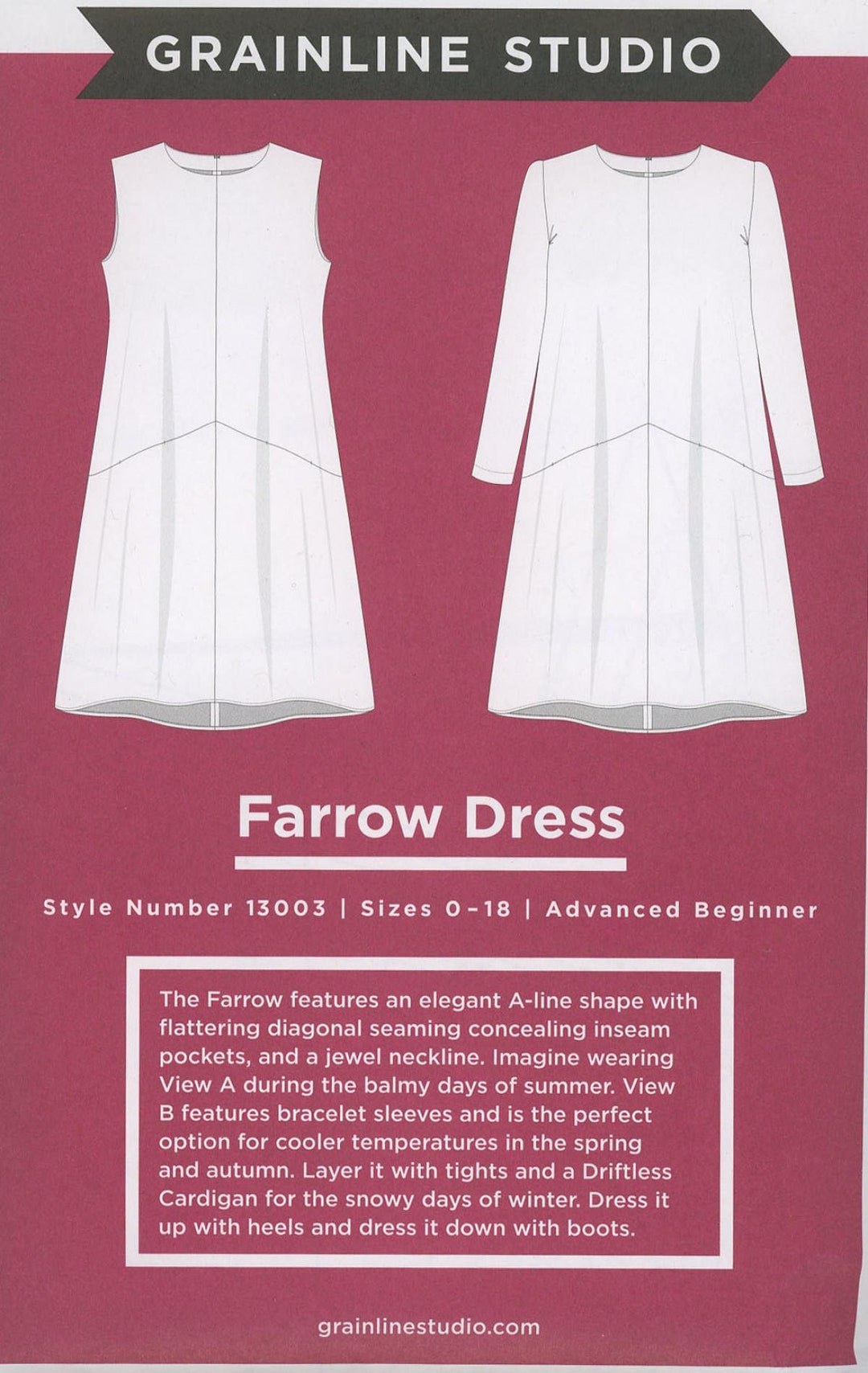 Farrow Dress PAPER Pattern, Grainline Studio, Sizes 0-18 and 14-30, A ...