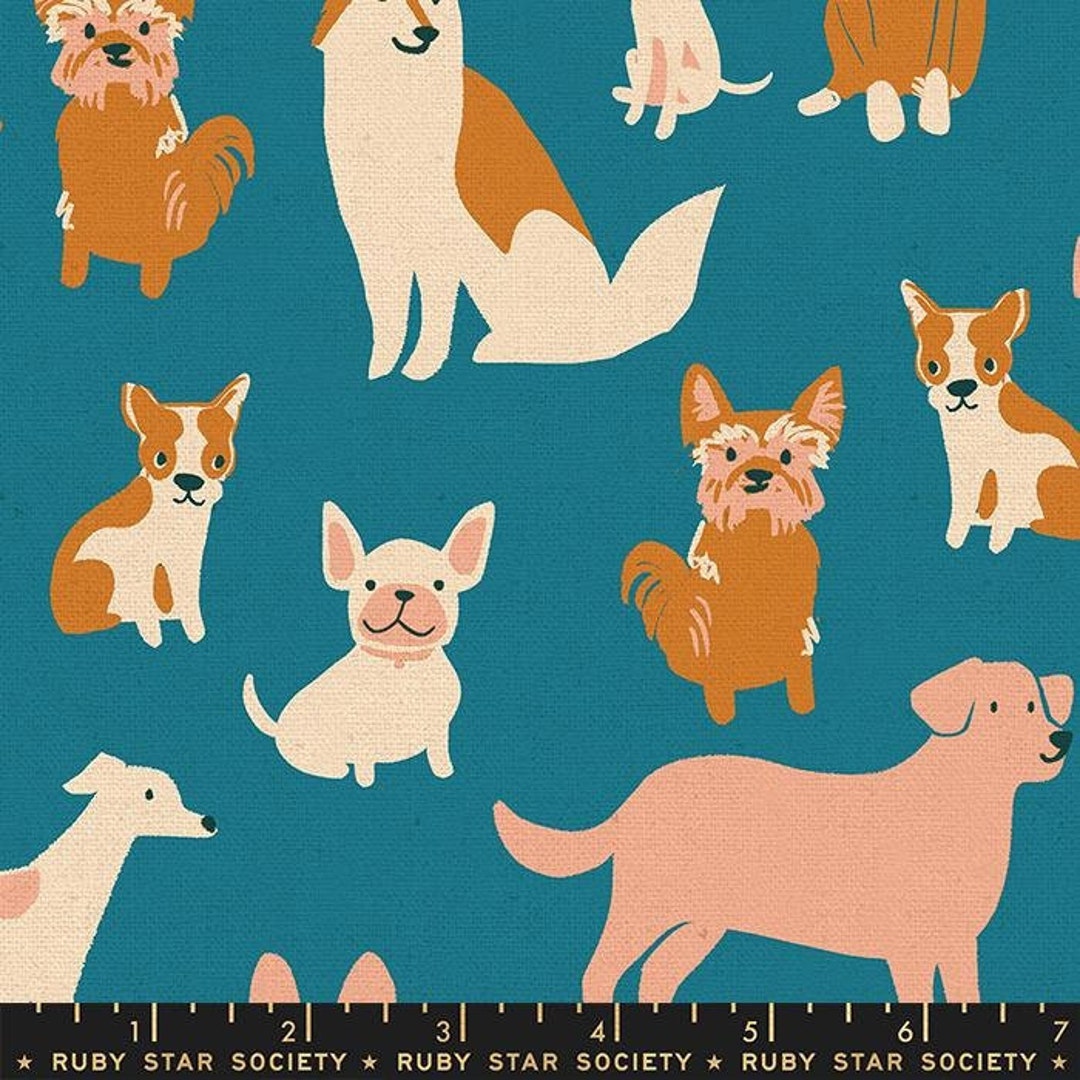 Sarah Watts, Dog Park, Cotton Linen CANVAS, Dog Medley in Chambray ...