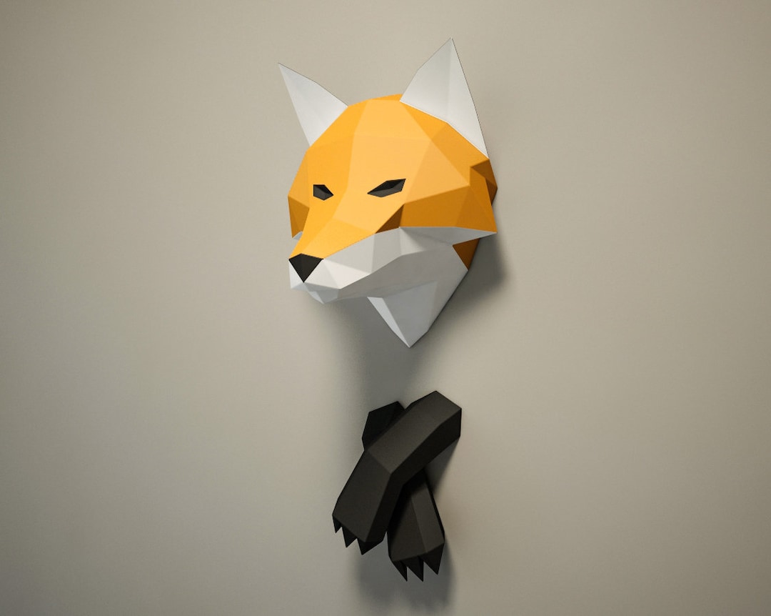 DIY Paper Fox With Paws, Polygonal Animal Trophy, Papercraft Pattern ...