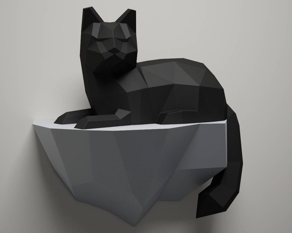 Papercraft Cat on a Rock, Wall Construction, 3D Paper Craft Sculpture ...