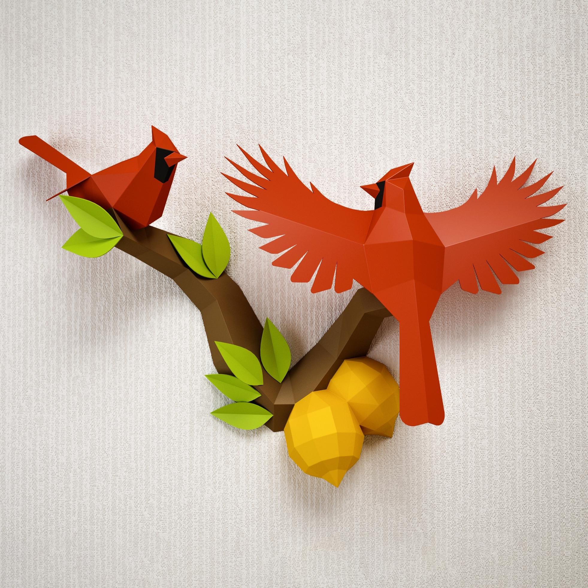 Papercraft Birds on a Branch With Lemons, Northern Cardinal Low Poly ...
