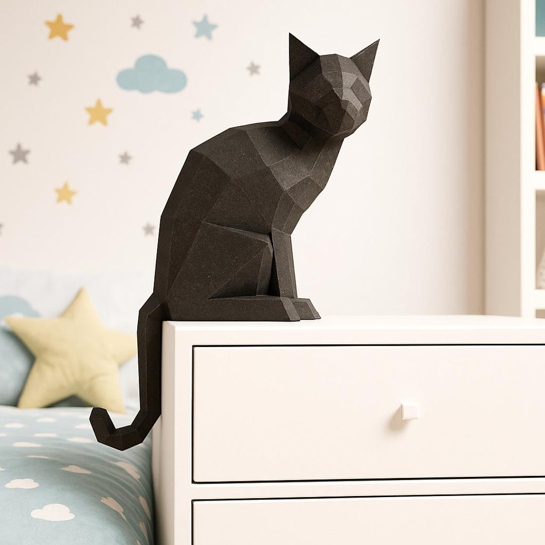 3D Paper Craft Cat, DIY Sculpture Sitting Cat, Papercrafting, Low Poly ...