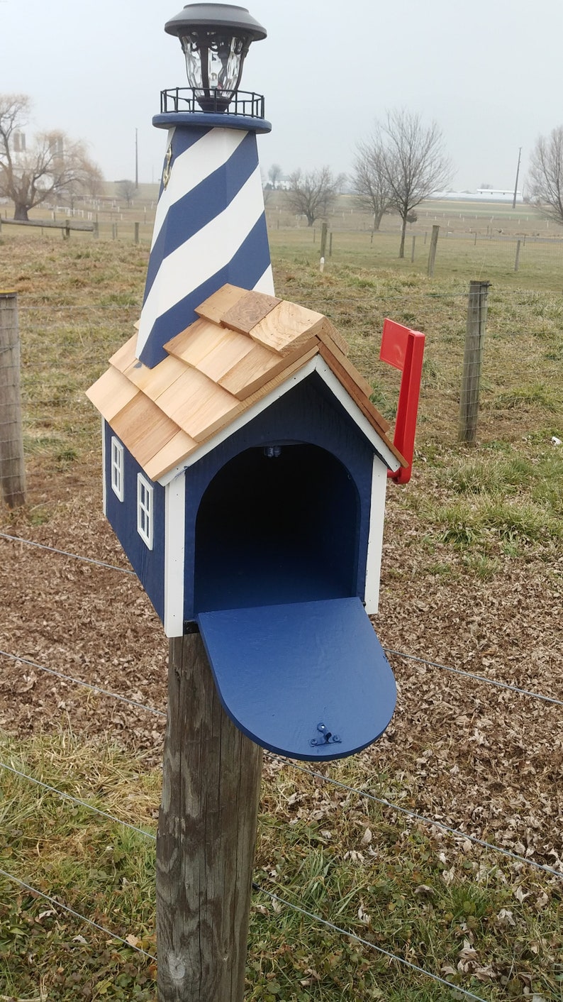 Amish Handmade Lighthouse Mailbox With Solar Light | Cedar Shake Roof ...