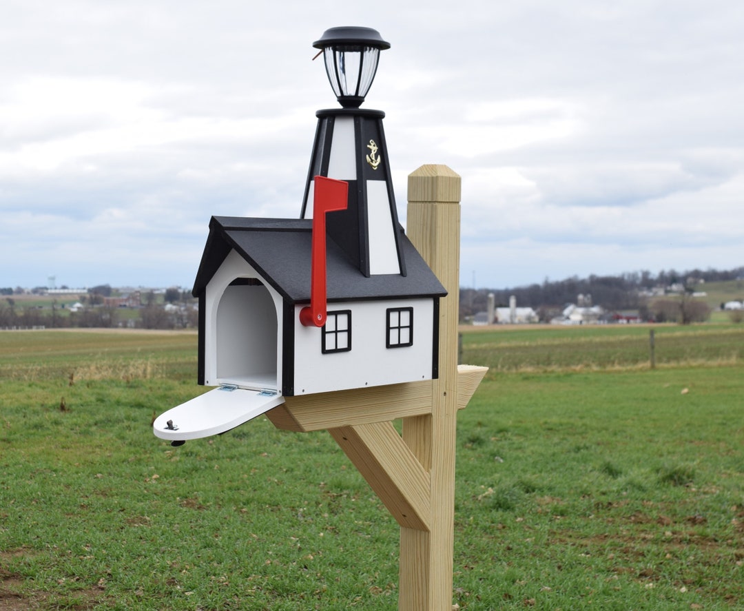 Lighthouse Mailbox Solar Light Amish Handmade White and Black Checkered ...