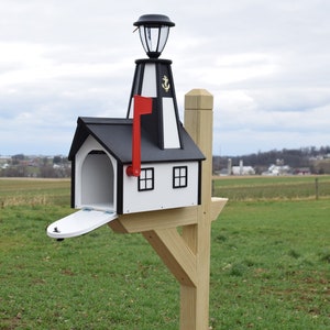 Lighthouse Mailbox Solar Light Amish Handmade White and Black Checkered ...