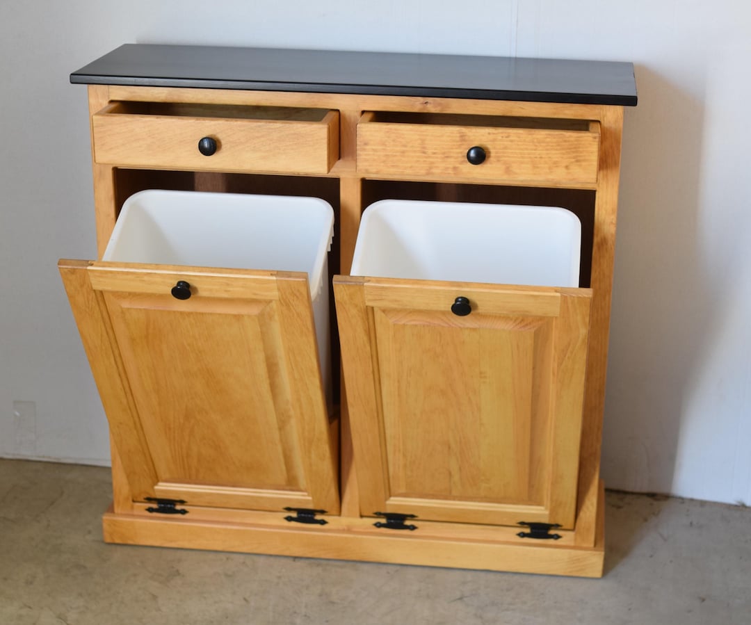 Amish Handmade Double Trash Can Cabinet | Pinewood, 50 Qt Bins Included ...