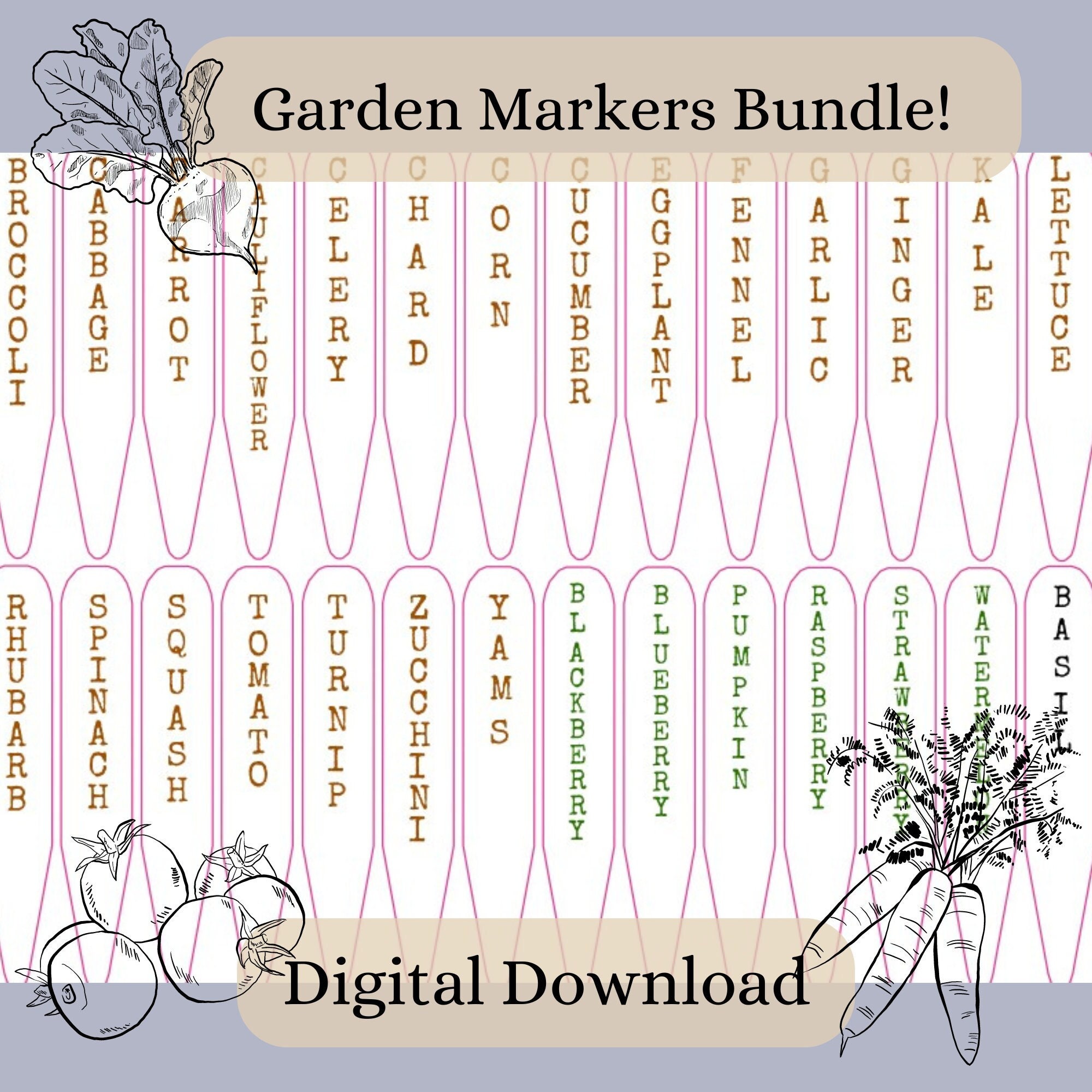 50 Garden Markers Bundle | SVG File Plant ID Tags | Vector Vegetables ...