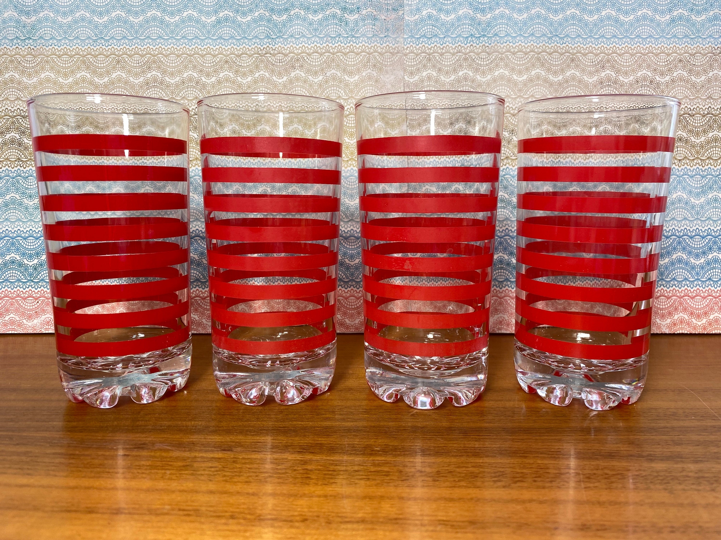 Red Stripe Drinking Glasses Vintage Glasses Drinkware Set - Etsy
