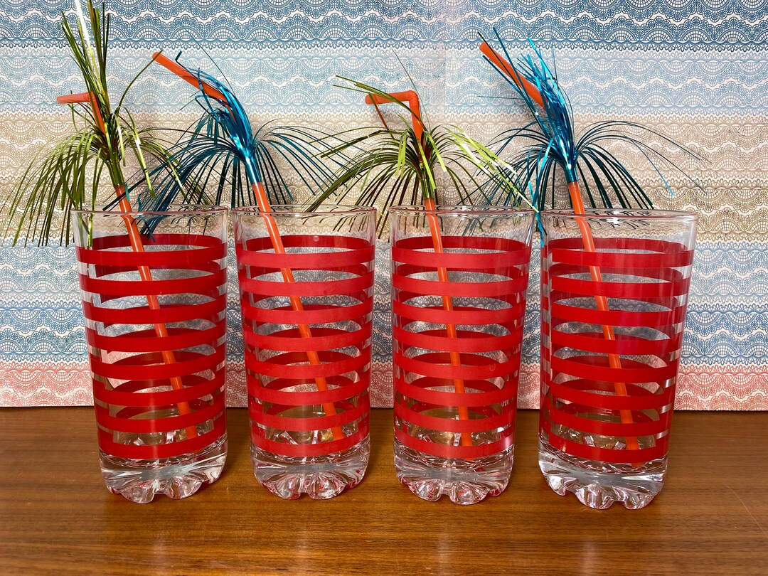 Red Stripe Drinking Glasses, Vintage Glasses, Drinkware, Set of 4 Made ...