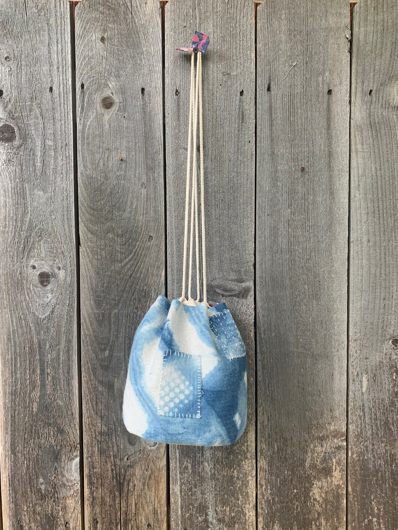 Hand Dyed Indigo Komebukuro, Japanese Drawstring Bag, Rice Bag, Boro ...