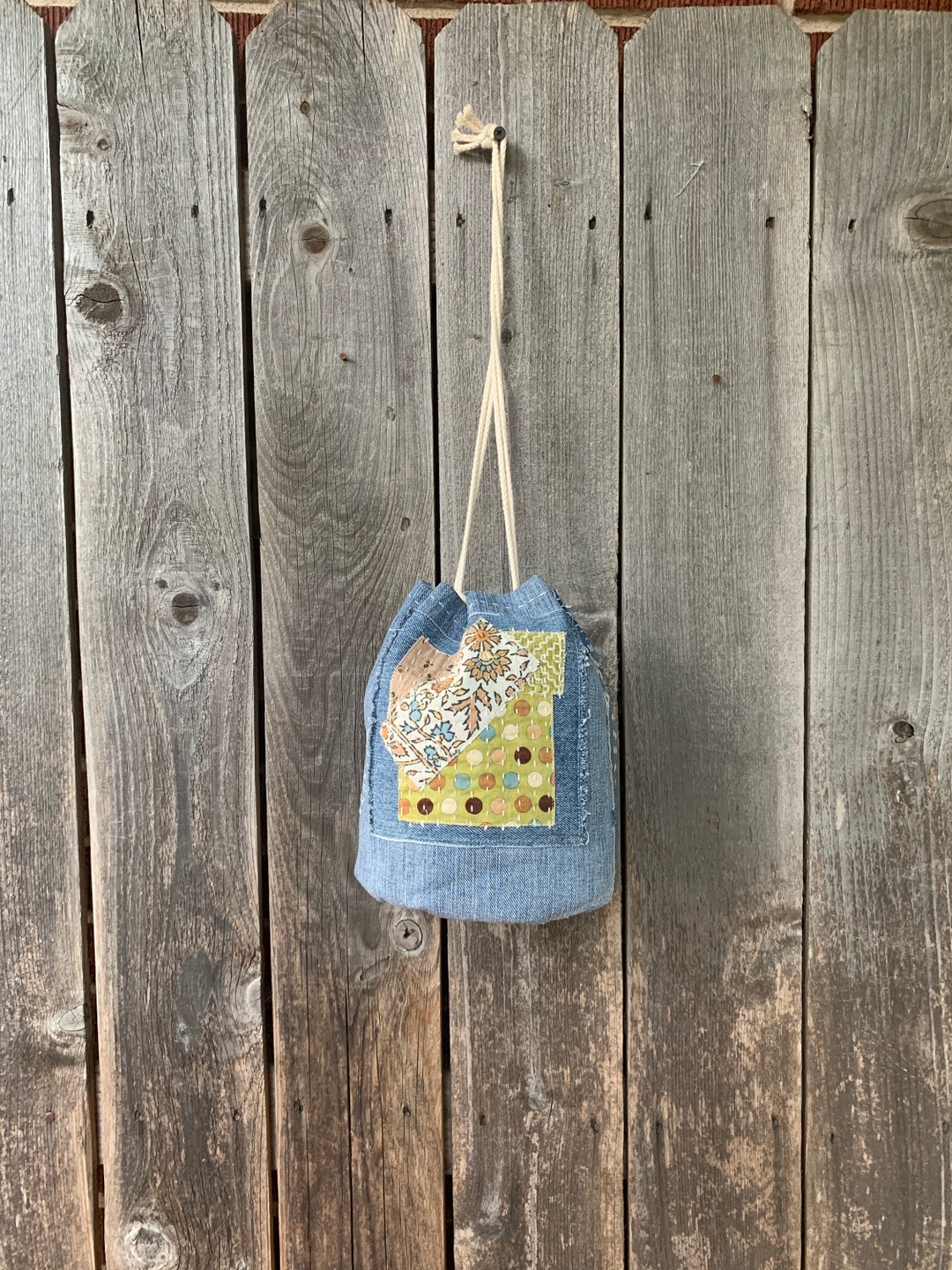 Denim Drawstring Bag With Boro Patches. Komebukuro, Japanese Rice Bag ...