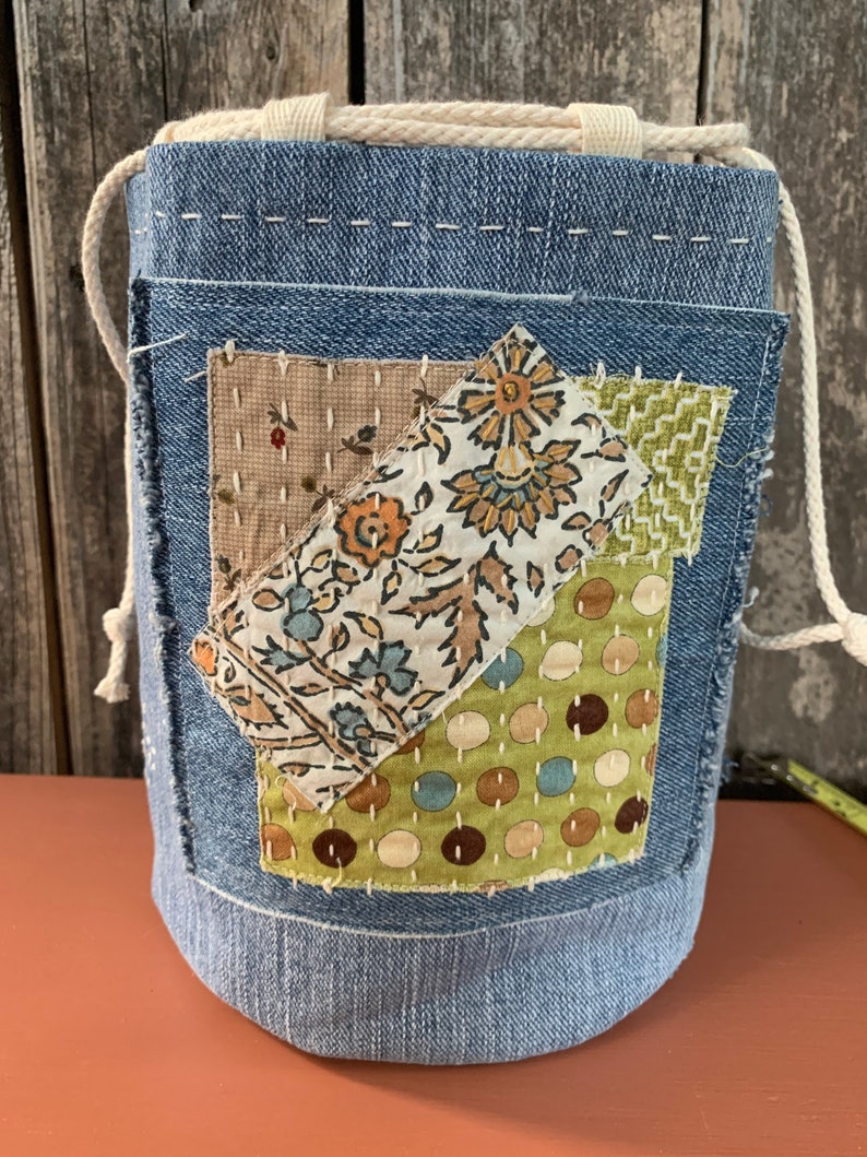 Denim Drawstring Bag With Boro Patches. Komebukuro, Japanese Rice Bag ...