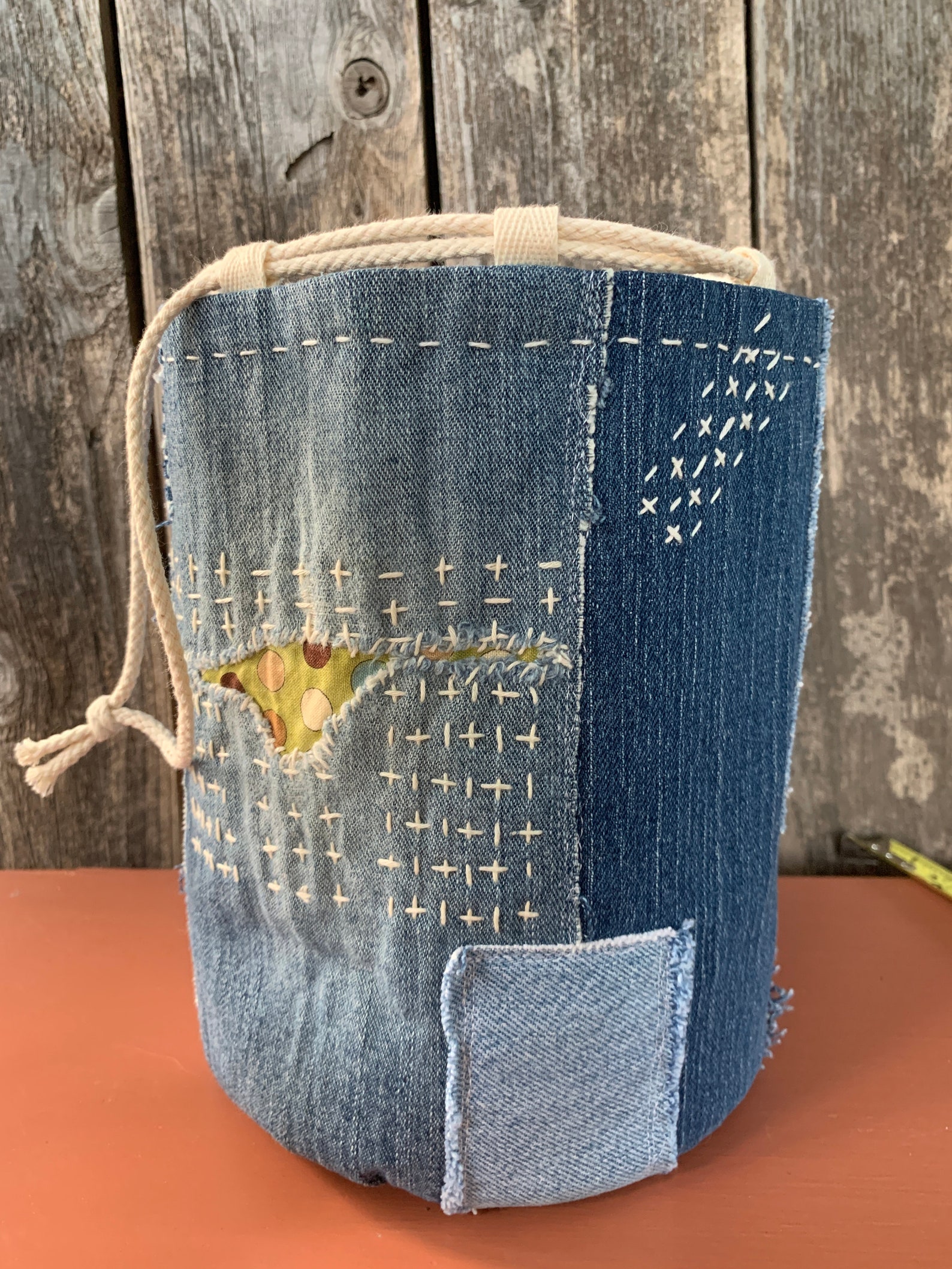 Denim Drawstring Bag With Boro Patches. Komebukuro, Japanese Rice Bag ...
