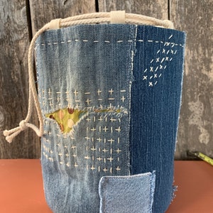 Denim Drawstring Bag With Boro Patches. Komebukuro, Japanese Rice Bag ...