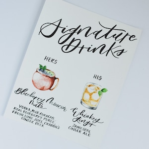 Custom Bar Menu - Hand Lettered Signature Drinks - Watercolor Painting ...